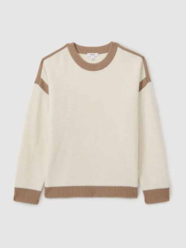 REISS Brown Wool Crew Neck Jumper - Cream/brown