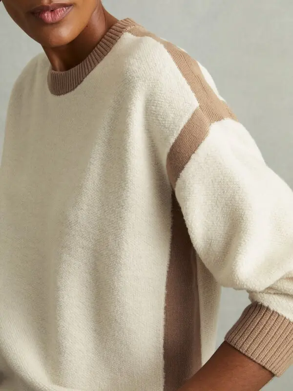 REISS Brown Wool Crew Neck Jumper - Cream/brown