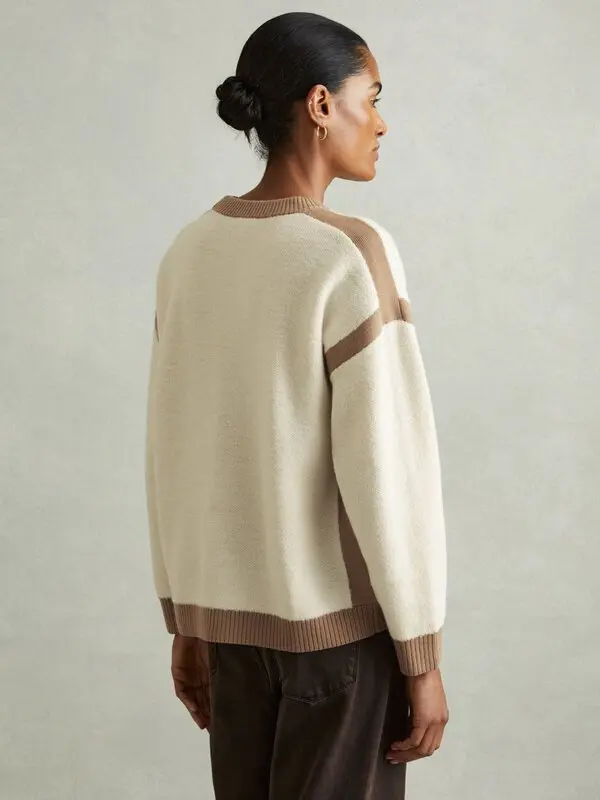 REISS Brown Wool Crew Neck Jumper - Cream/brown