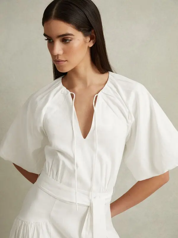 REISS Puff Sleeve Midi Dress - White