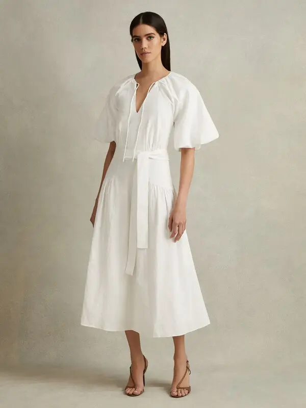REISS Puff Sleeve Midi Dress
