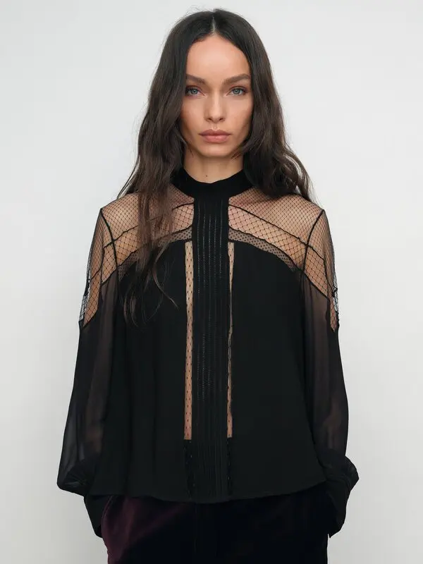 REISS Lace-insert Tie-back Blouse