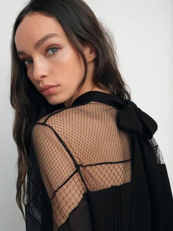 REISS Lace-insert Tie-back Blouse