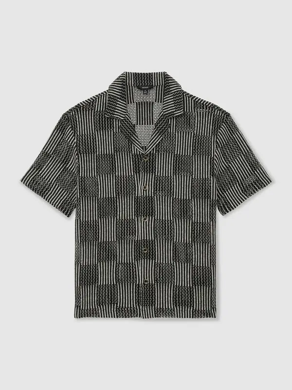 REISS Checkerboard Crochet Cuban Collar Shirt
