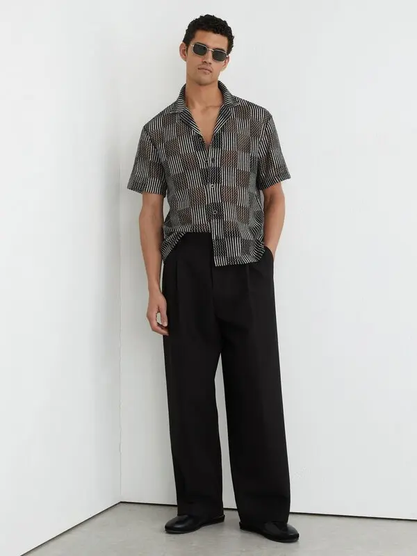REISS Checkerboard Crochet Cuban Collar Shirt