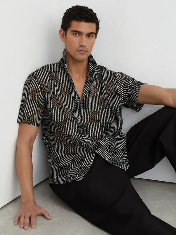 REISS Checkerboard Crochet Cuban Collar Shirt