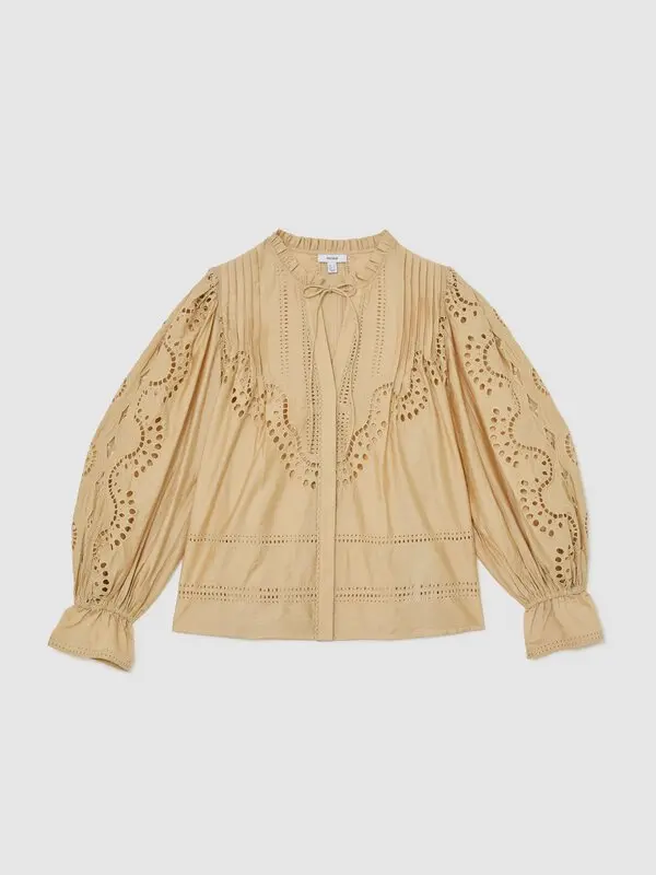 REISS Broderie Anglaise Tie-neck Blouse