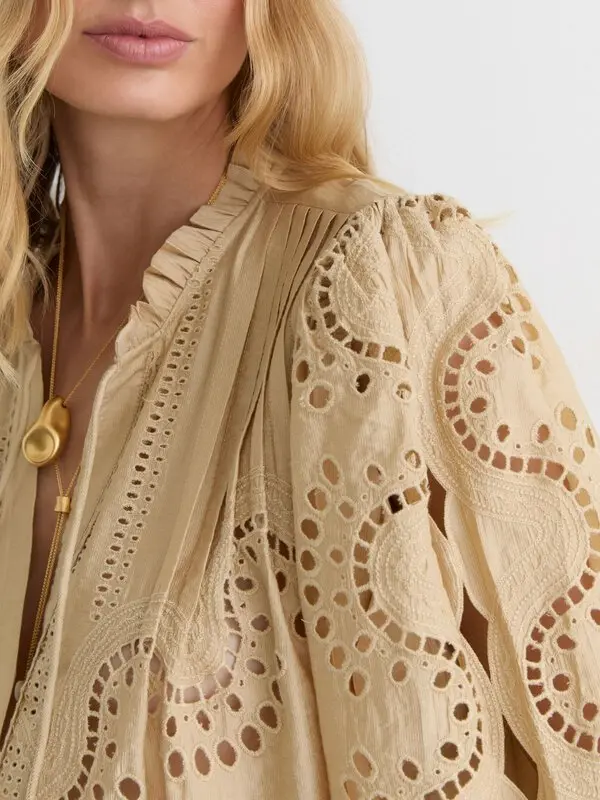 REISS Broderie Anglaise Tie-neck Blouse