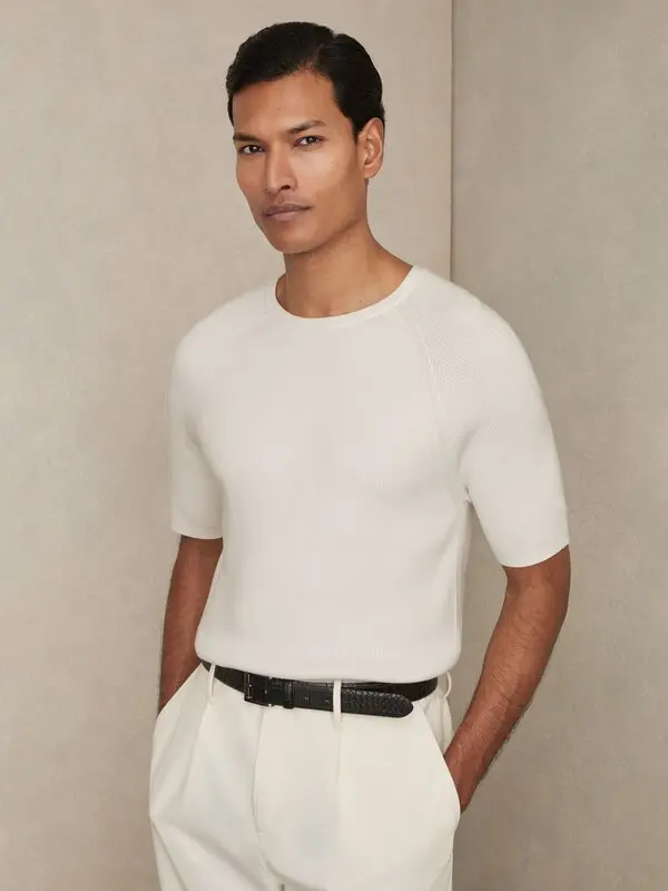 REISS Ribbed Knit Crew T-shirt - White