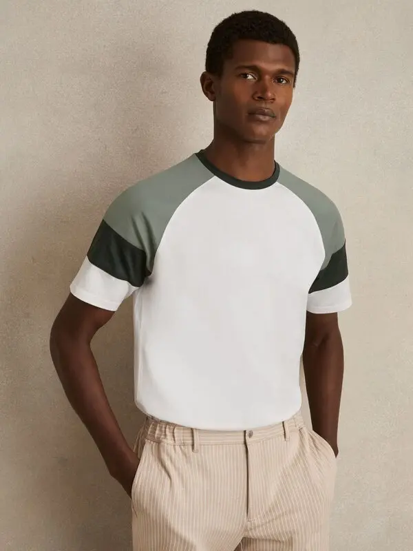 REISS White & Sage Mercerised-cotton Colourblock T-shirt - White/sage