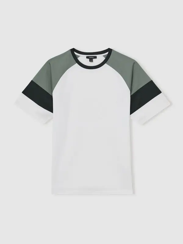 REISS White & Sage Mercerised-cotton Colourblock T-shirt - White/sage