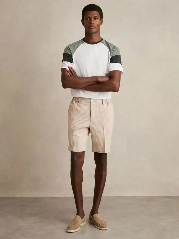 REISS White & Sage Mercerised-cotton Colourblock T-shirt - White/sage