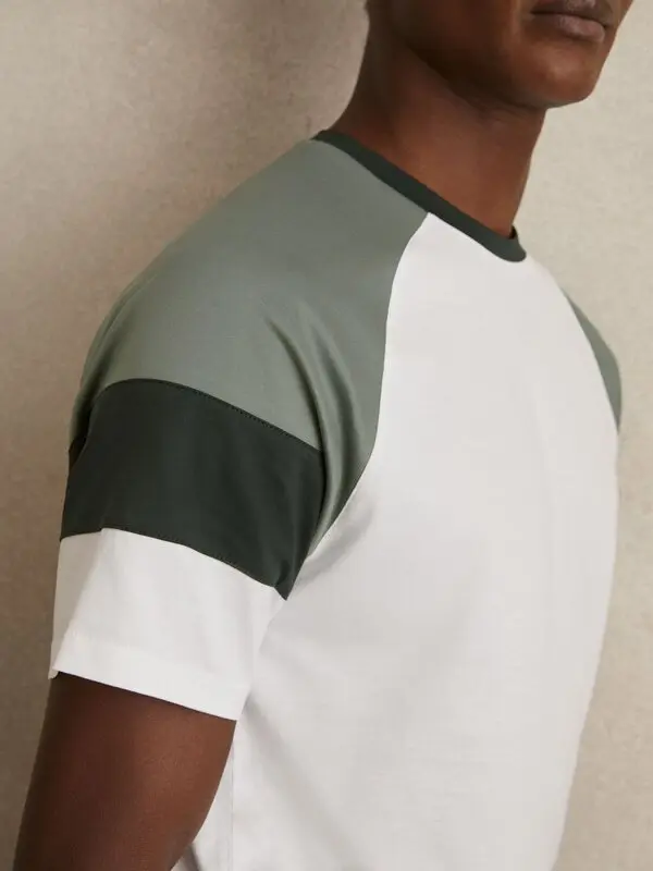 REISS White & Sage Mercerised-cotton Colourblock T-shirt - White/sage