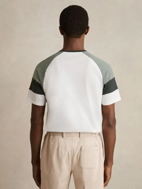 REISS White & Sage Mercerised-cotton Colourblock T-shirt - White/sage