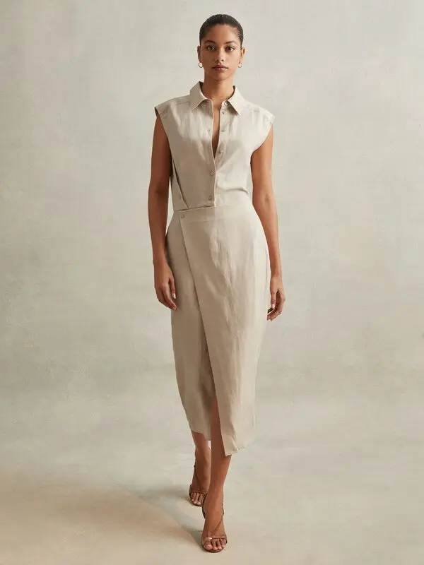 REISS Wrap Midi Dress - Neutral