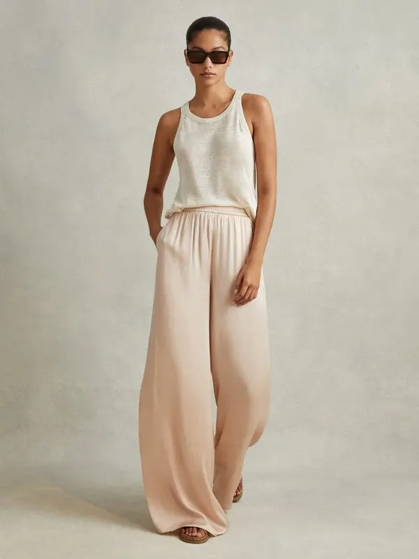 REISS Satin Elasticated Waist Wide Leg Trousers - Beige
