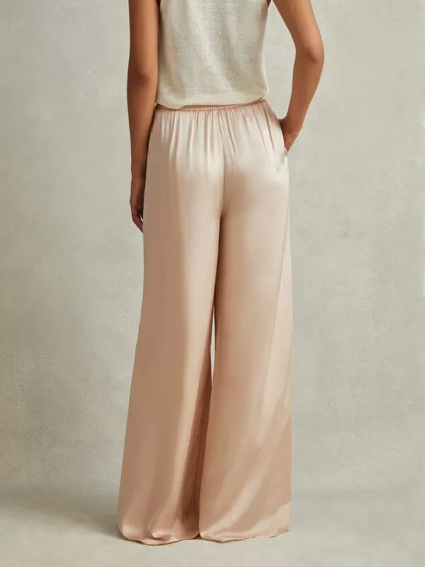 REISS Satin Elasticated Waist Wide Leg Trousers - Champagne