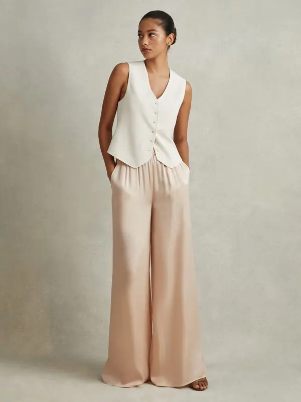 REISS Satin Elasticated Waist Wide Leg Trousers - Champagne