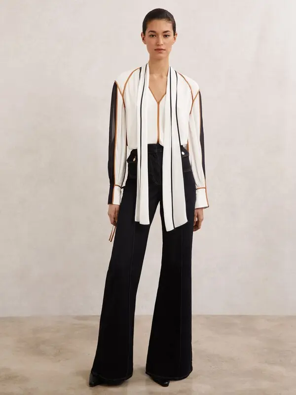 REISS Tipped Tie-neck Blouse