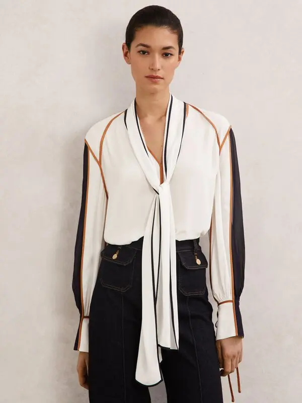 REISS Tipped Tie-neck Blouse