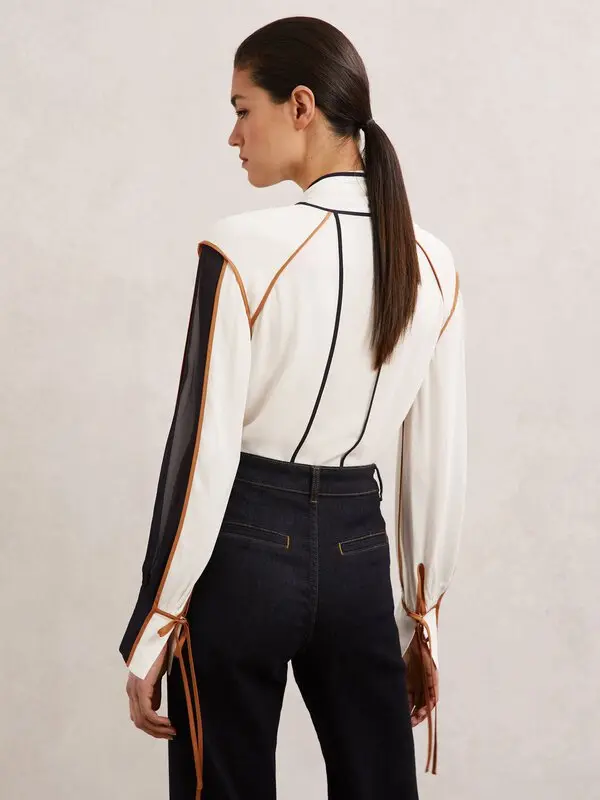 REISS Tipped Tie-neck Blouse