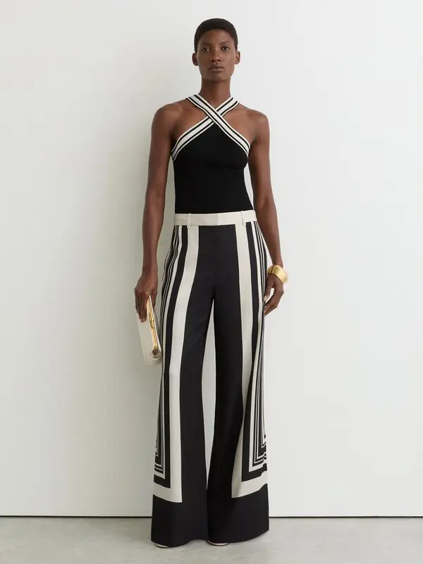 REISS Black & White Contrast-neckline Rib-knit Top