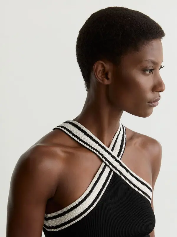 REISS Black & White Contrast-neckline Rib-knit Top