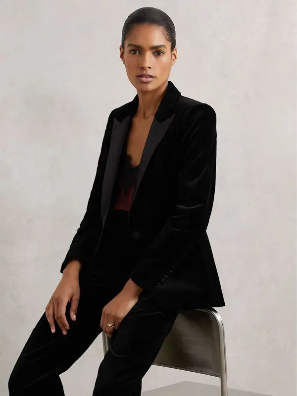 REISS Velvet Single-breasted Peak Lapel Blazer
