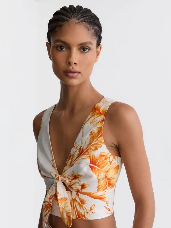 REISS Linen Floral Print Tie Front Top