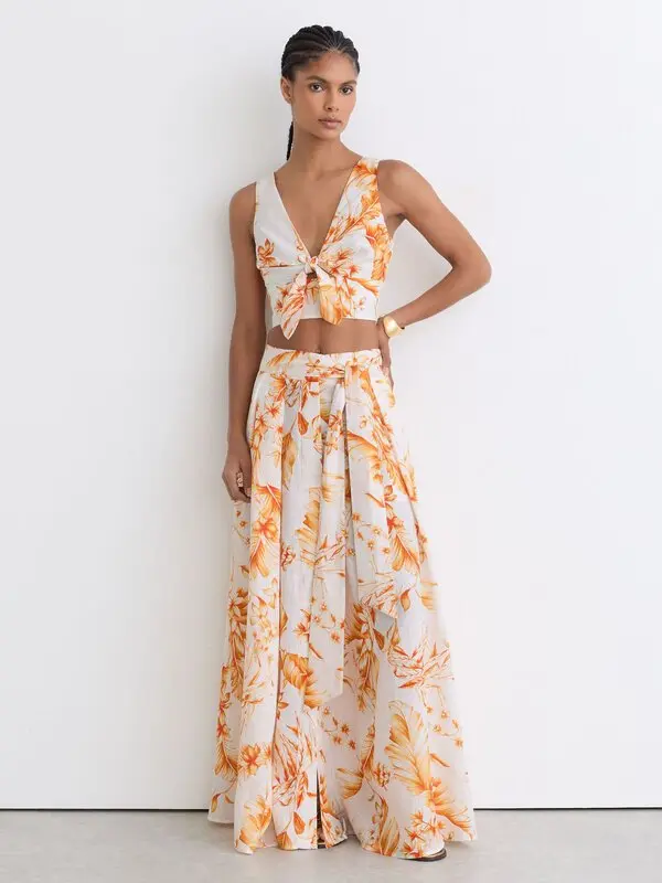 REISS Linen Floral Print Tie Front Top