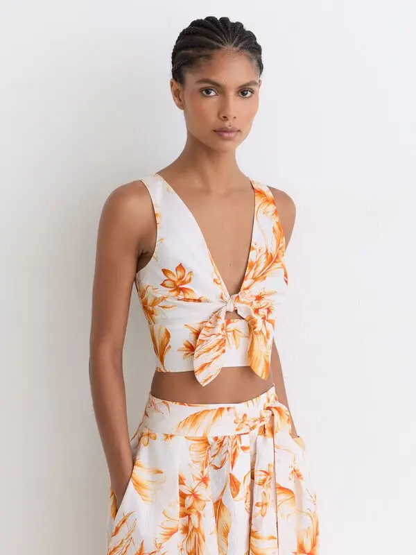 REISS Linen Floral Print Tie Front Top