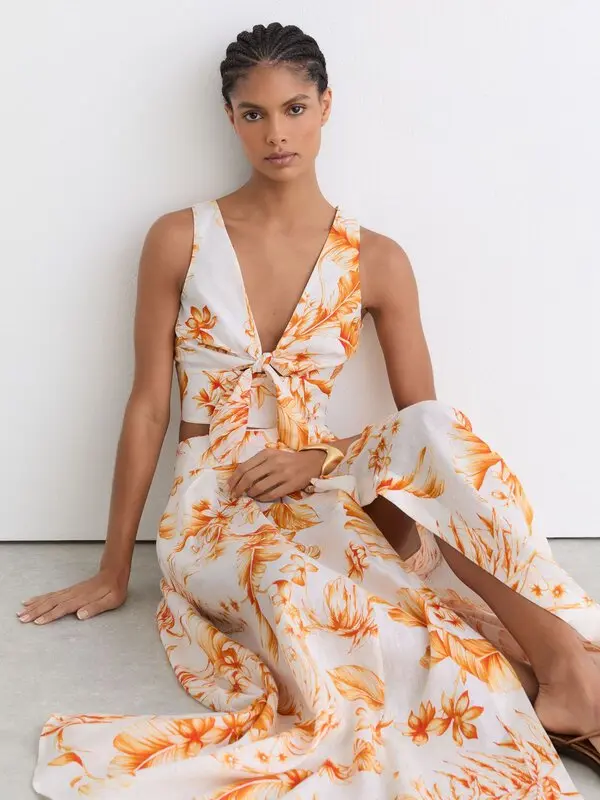 REISS Linen Floral Print Tie Front Top