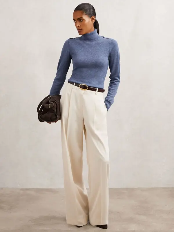 REISS Wool Epaulette Roll-neck Jumper - Blue