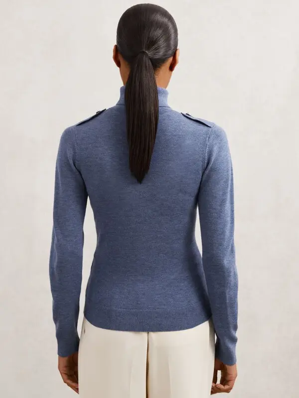 REISS Wool Epaulette Roll-neck Jumper - Blue