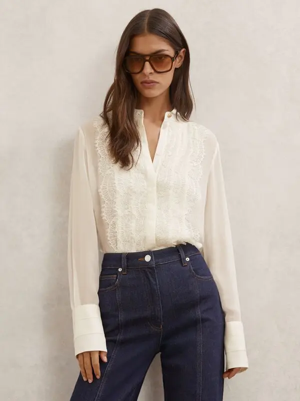 REISS Lace-trim Sheer Button-through Blouse