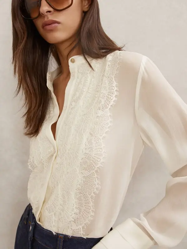 REISS Lace-trim Sheer Button-through Blouse