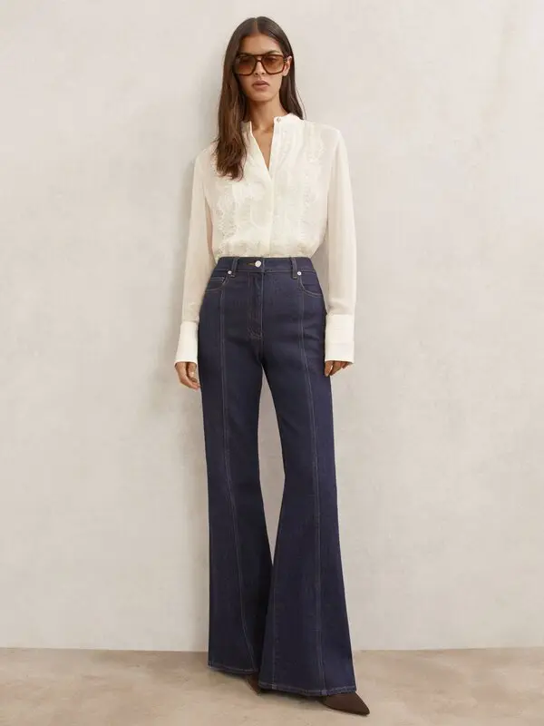 REISS Lace-trim Sheer Button-through Blouse