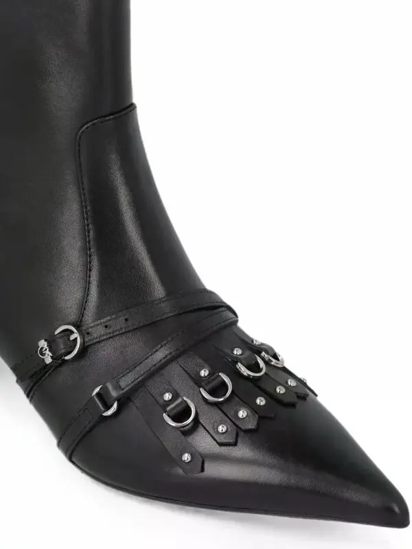 Pinko Leather Fringe Detail Buckled Ankle Boots