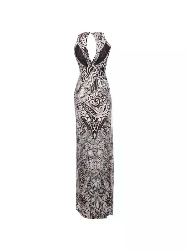 Just Cavalli 2018 Graphic Print Plunge Neck Maxi Dress - Black
