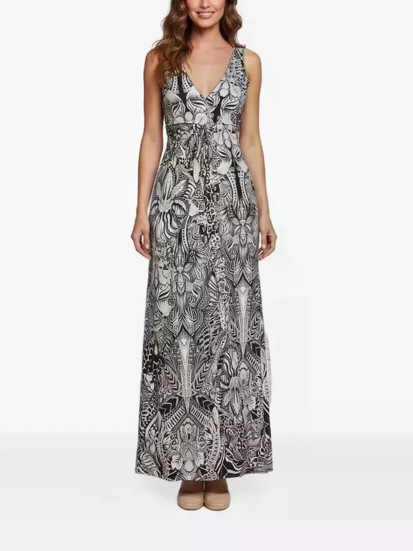 Just Cavalli 2018 Graphic Print Plunge Neck Maxi Dress - Black