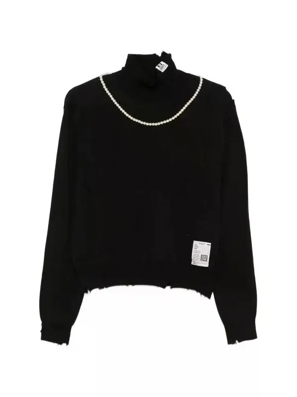 Mihara Yasuhiro Distressed Faux-pearl Embellished High Neck Sweater