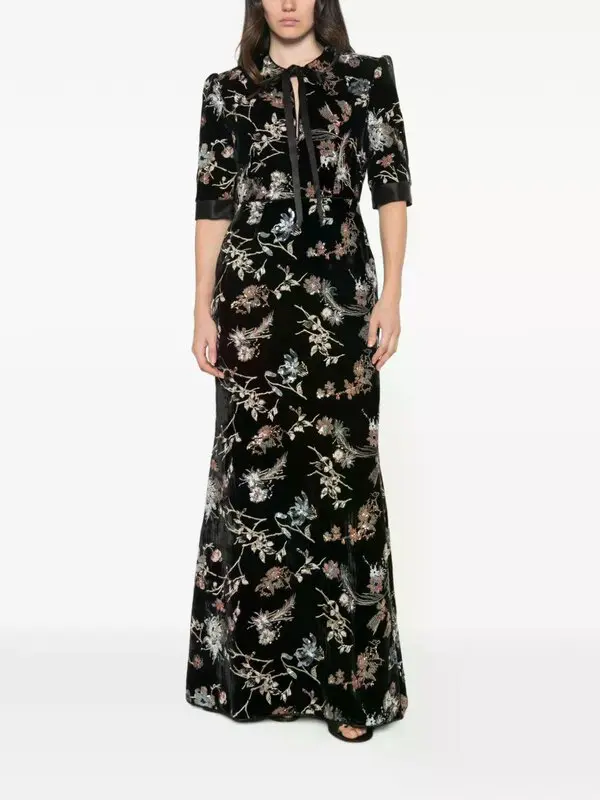 DE SANTIS Floral-embroidered Velvet Maxi Dress - Black
