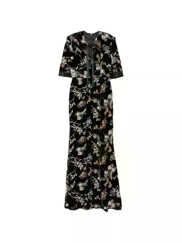 DE SANTIS Floral-embroidered Velvet Maxi Dress