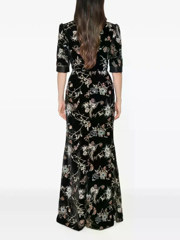 DE SANTIS Floral-embroidered Velvet Maxi Dress