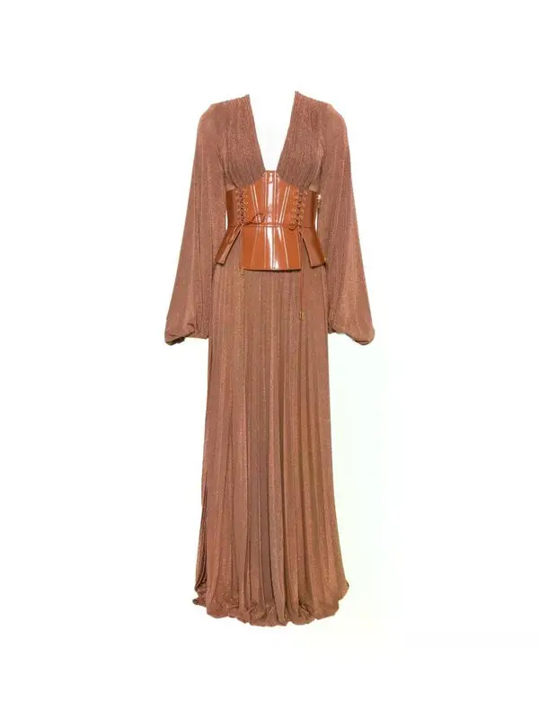 Elisabetta Franchi Pleated Lace-up Maxi Dress - Brown