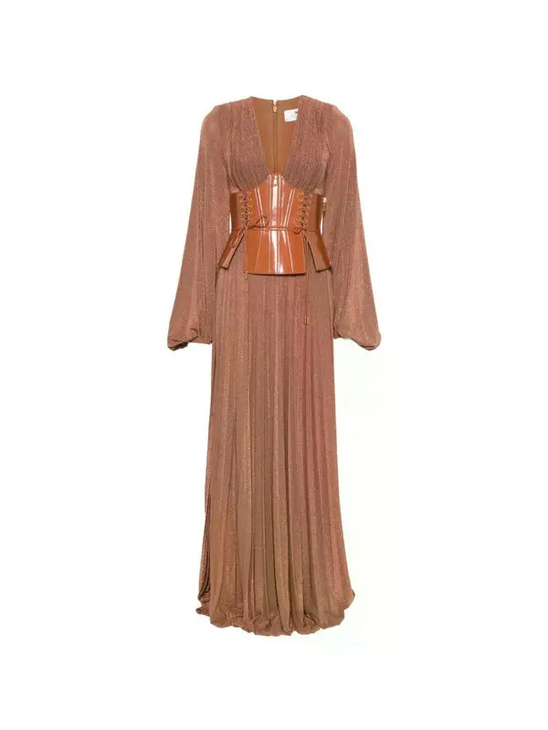 Elisabetta Franchi Pleated Lace-up Maxi Dress - Brown