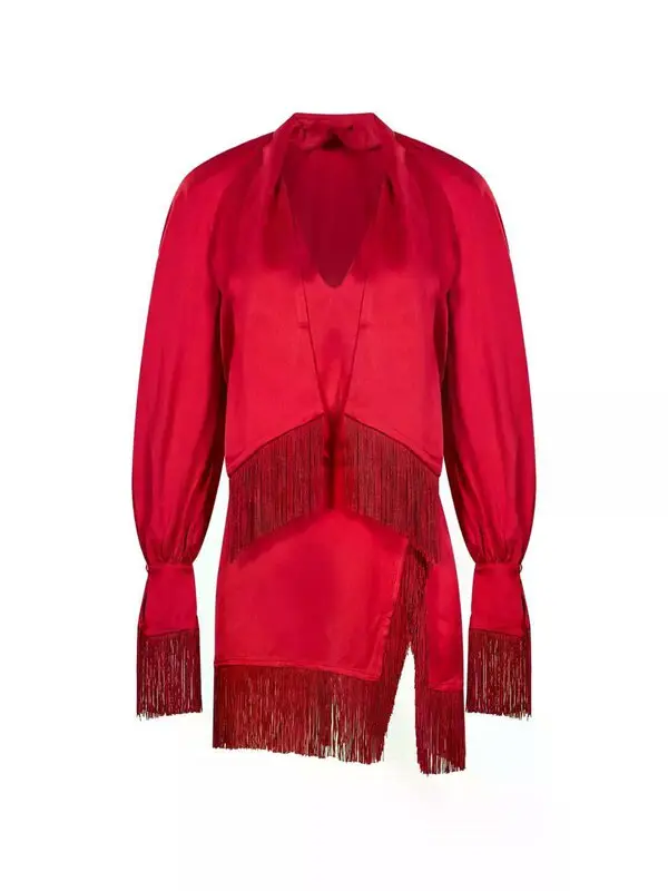 ROWEN ROSE Fringe-trimmed Raglan-sleeve Mini Dress - Red