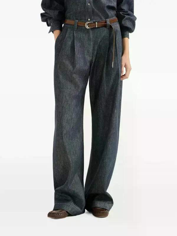 Brunello Cucinelli Sparkling No-fade Denim Loose Curved Trousers With Monili Embroidery - Blue