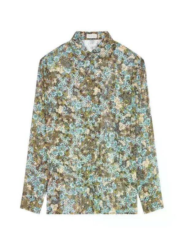 Dries Van Noten Pleated Floral Print Chiffon Shirt - Blue