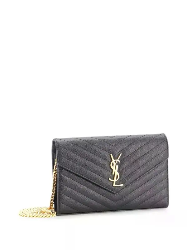 Saint Laurent Classic Monogram Wallet On Chain Matelasse Chevron Leather Medium Crossbody Bag - Black